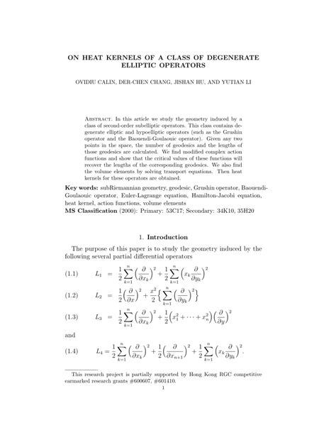 Pdf On Heat Kernels Of A Class Of Degenerate Elliptic Operators