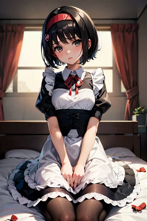 Anime Girl In Maid Outfit Sitting On Bed With Rose Petals Seaart Ai