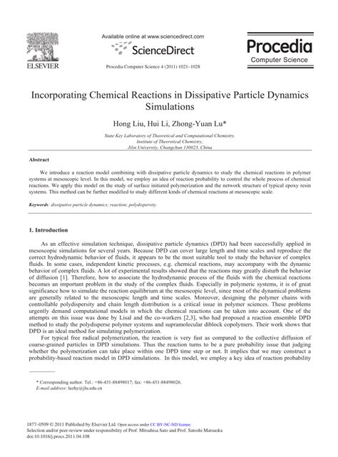 Pdf Incorporating Chemical Reactions In Dissipative Particle Dynamics Simulations