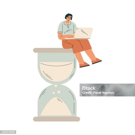 시간 관리 남자 캐릭터 모래 시계에 앉아 노트북 조직 효율적인 비즈니스 프로세스 벡터 일러스트 개선에 대한 스톡 벡터 아트 및 기타 이미지 Istock