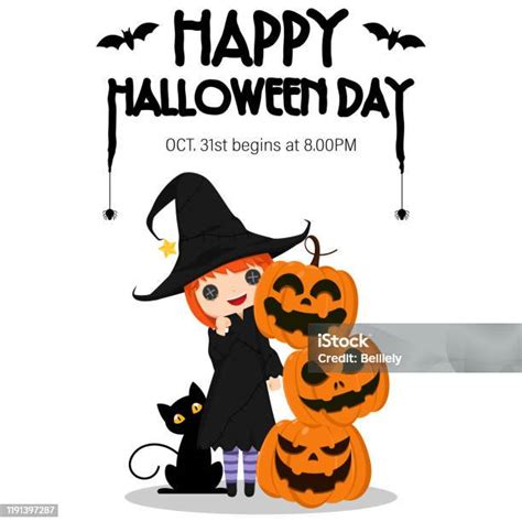 삽화 해피 할로윈 날 공포 캐릭터와 휴일 개념 마녀 의상을 입고 귀여운 어린 소녀와 호박 미소 무서운 흰색 배경에 고립 된 복사 공간 벡터 10월에 대한 스톡 벡터 아트 및