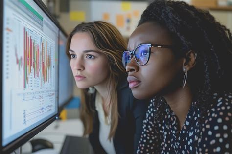 Premium Photo Businesswomen Analyze Computer Screen Data Checking Statistics Graphs And