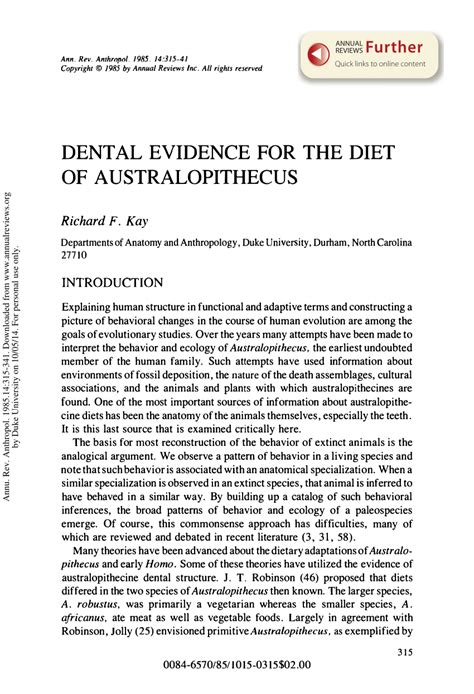 Pdf Dental Evidence For The Diet Of Australopithecus