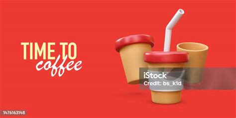 빨간색 배경에 격리된 3개의 3d 현실적인 커피 컵이 있는 커피 배너 시간입니다 벡터 그림 0명에 대한 스톡 벡터 아트 및 기타