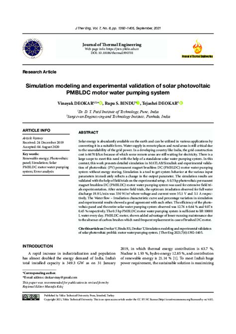 Simulation Modeling And Experimental Validation Of Solar Photovoltaic Pmbldc Motor Water Pumping