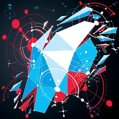 파편과 선 메쉬가 있는 낮은 폴리 개체를 사용하여 만든 3d 사이버네틱 기술 배경 Bauhaus 복고풍 추상 요소로 만든 기술 일러스트레이션은 비즈니스 프레젠테이션의 레이