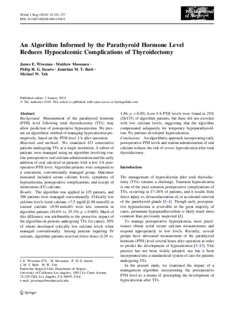Pdf An Algorithm Informed By The Parathyroid Hormone Level Reduces