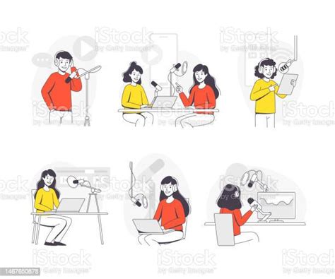 마이크 방송 및 라이브 스트리밍 개요 벡터 세트가있는 젊은 남성과 여성과의 팟 캐스트 녹음 개념에 대한 스톡 벡터 아트 및 기타