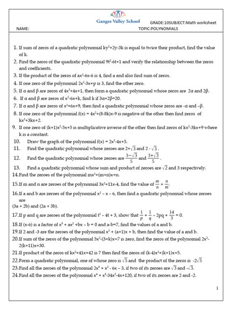 G 10 Polynomials Worksheet Pdf Polynomial Zero Of A Function