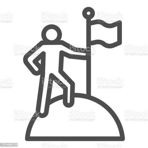 플래그 라인 아이콘산의 상단에 남자 발견자 승리 사람 기호 흰색 배경에 윤곽 스타일 그림 모바일 컨셉 및 웹 디자인에 대한 팀워크 사인 벡터 그래픽 벡터에 대한 스톡 벡터