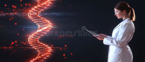 Female Scientist Examining Dna Data On Tablet Genetic Research Concept Stock Illustration