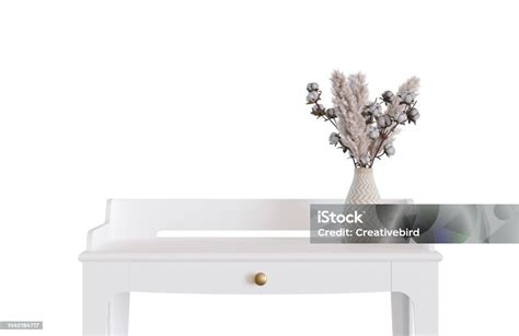 흰색 배경에 격리된 팜파스 잔디가 있는 흰색 테이블 정면도 가구를 잘라냅니다 현대적인 책상 인테리어 디자인 요소 개체 제품 프레젠테이션을 위한 공간을 복사합니다 3d 렌더링