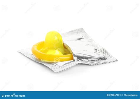Unpacked Yellow Condom Isolated On White Safe Sex Stock Image Image