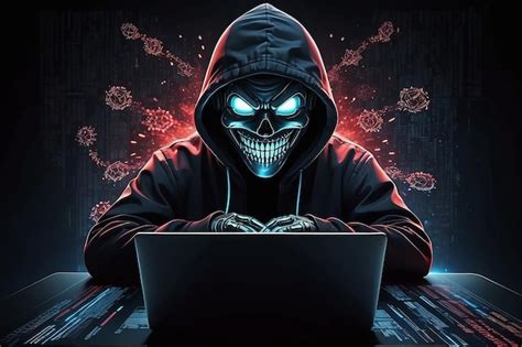 Smiling Hacker Sit In Front Of Laptop In The Dark Room With Virus