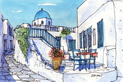 산토리노 풍경 여행 펜드로잉어반스케치 Stadt Skizzieren Wasserfarben Kunst Idee Farbe