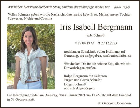 Traueranzeigen Von Iris Isabell Bergmann Vrm Trauer De