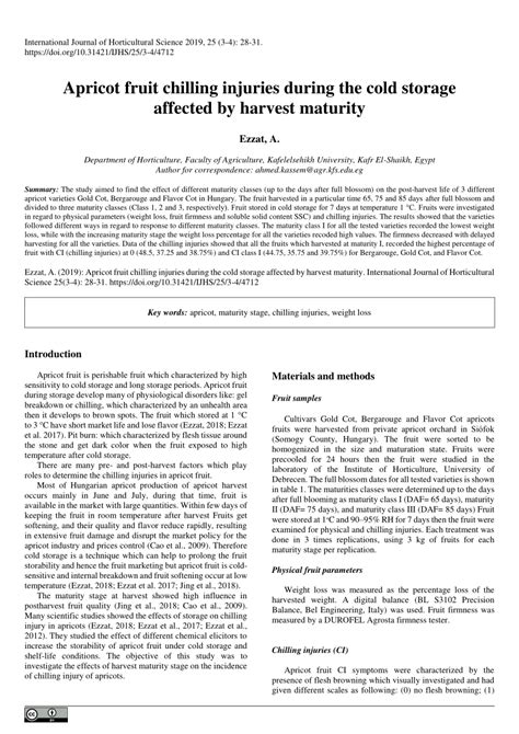 Pdf Apricot Fruit Chilling Injuries During The Cold Storage Affected By Harvest Maturity