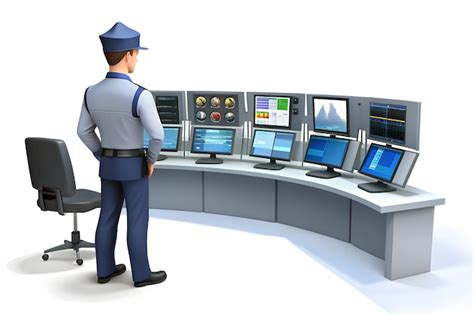 3d Security Guard Monitoring Cameras In Modern Control Room Concept Surveillance Equipment In