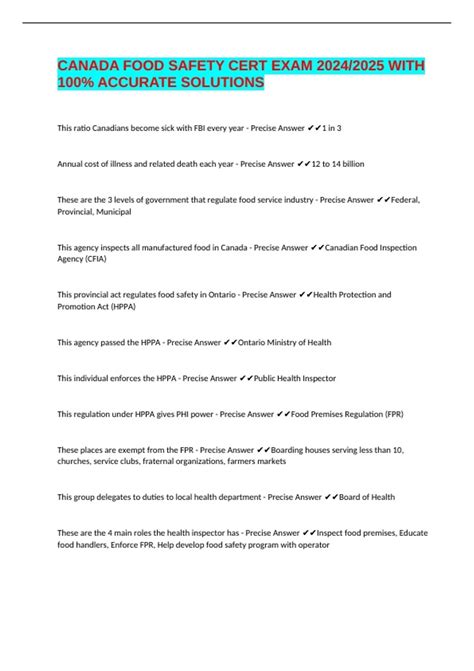 Canada Food Safety Cert Exam 20242025 With 100 Accurate Solutions