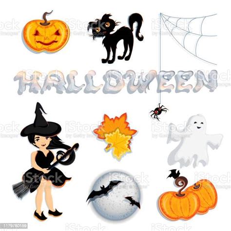 만화 할로윈 세트입니다 마녀 유령 호박 박쥐 거미 고양이 달빛과 그려진 글자 흰색 배경에 고립 된 문자 컬렉션 배너 포스터 카드