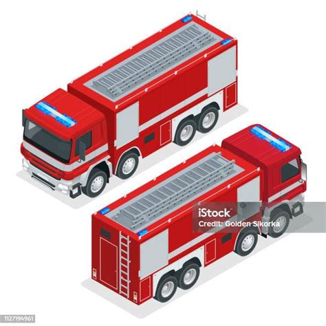 아이소메트릭 레드 불 트럭 비상 차량입니다 소방 디자인 요소 흰색 바탕에 벡터 그림입니다 소방차에 대한 스톡 벡터 아트 및 기타 이미지 Istock