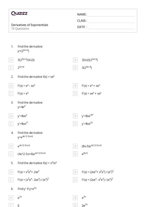 50 Derivatives Of Exponential Functions Worksheets For 12th Grade On Quizizz Free And Printable