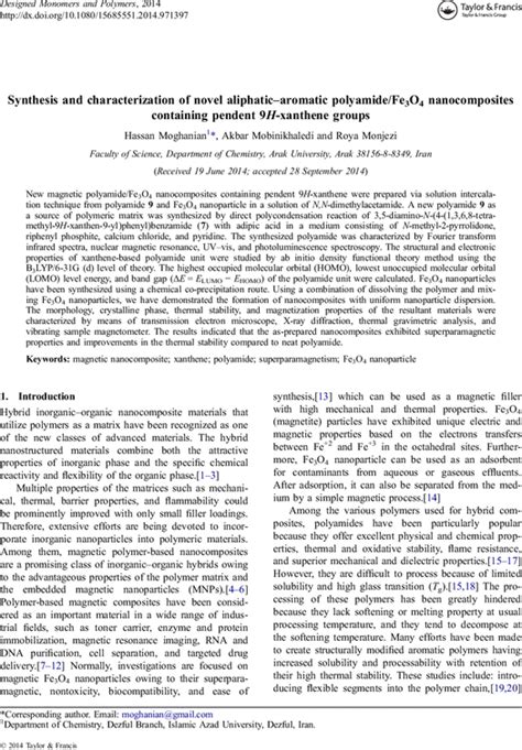 Pdf Synthesis And Characterization Of Novel Aliphaticaromatic Polyamidefe3o4 Nanocomposites