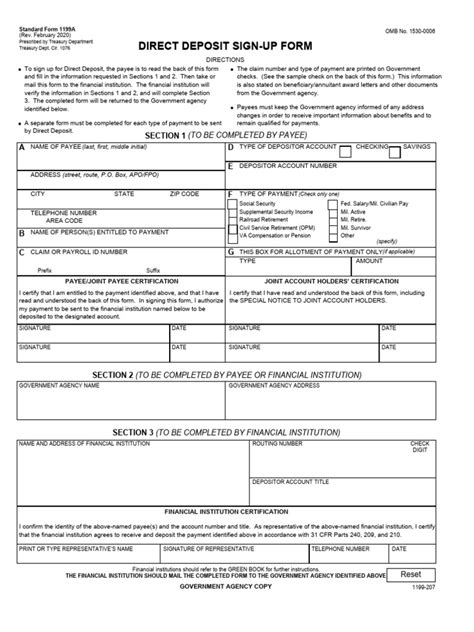 Standard Form 1199a Direct Deposit Sign Up Form Download Free Pdf Payments Personal Finance