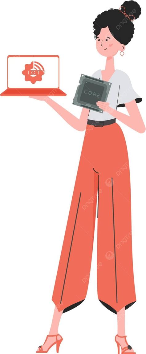 Woman Holds Laptop And Chip Iot And Automation Concept Flat Vector Vector Indoors Day Girl