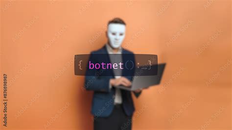 Cybersecurity Concept Botnet On Foreground Screen Hacker Silhouette