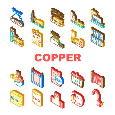 구리 생산 산업 금속 아이콘 설정 벡터 장비 기술 공장 제조 산업 프로세스 건설 철 구리 생산 산업 금속 아이소메트릭 기호 그림