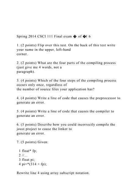 spring 2014 csci 111 final exam of 1 61 2 points fl docx