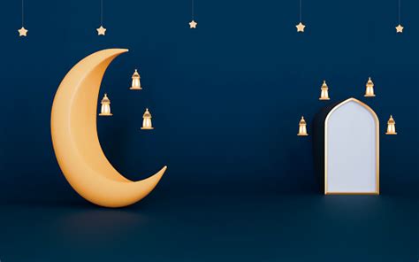 라마단 카림 황금 초승달 상징 별과 이슬람 랜턴 무슬림 휴일을 위한 빛과 그림자가 있는 파란색 배경에 노란 달 3d 렌더링