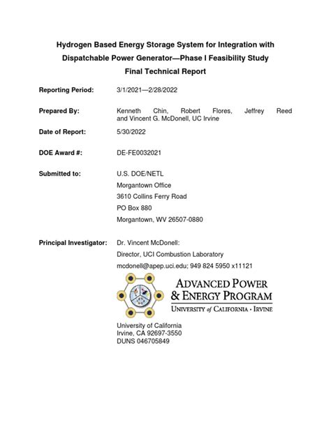 Hydrogen Based Energy Storage System For Integration With Dispatchable Power Generator Phase 1
