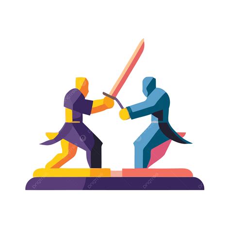 양식화된 그림에서 칼에 맞서 싸우는 두 남자 벡터 흰색 배경에 결투의 단순한 다채로운 아이콘 그림자 없음 작은 프레임 중앙 Png 일러스트 및 벡터 에 대한 무료