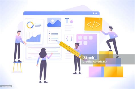 웹 개발 및 디자인 개념 프로그래머 팀은 웹 페이지에 콘텐츠를 배치합니다 웹 사이트 레이아웃 구축 벡터 일러스트레이션 팀워크에 대한 스톡 벡터 아트 및 기타 이미지 Istock