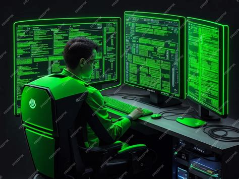 데이터 센터 시스템 Contr에서 데스크톱 녹색 목업 화면 컴퓨터에서 작업하는 똑똑한 남성 It 프로그래머 프리미엄 사진