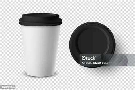 벡터 3d 현실적인 일회용 열린 종이 음료 아이콘 에 대한 플라스틱 커피 컵 은 투명 한 배경에 격리 된 닫닫기 설정 디자인 템플릿 모형 상단 및 전면 뷰 0명에 대한 스톡