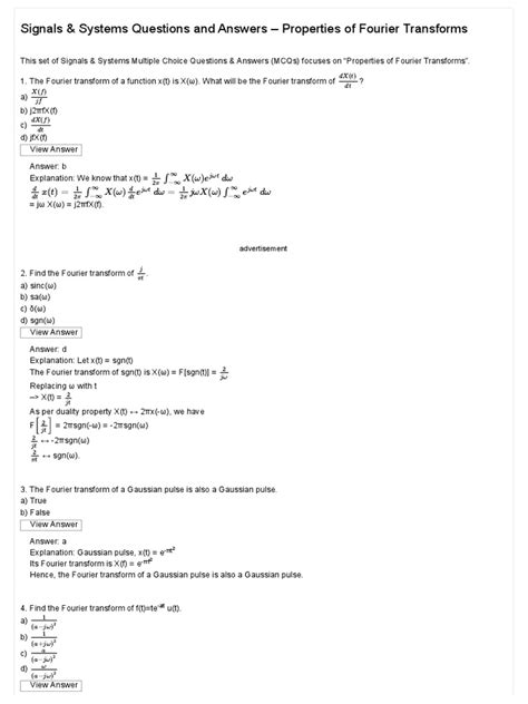 Unit 3 Fourier Transforms Properties Questions And Answers Sanfoundry