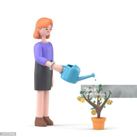 웃고 있는 유럽 사업가 엘렌이 나무에 물을 주는 3d 그림 물을 줄 수있는 웃는 정원사 흰색 배경에 3d 렌더링 가공의 인물에 대한 스톡 사진 및 기타 이미지 Istock