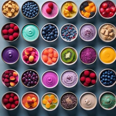 Premium AI Image A Row Of Containers With Different Colored Fruit In Them