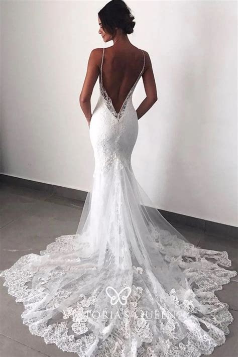 Sexy Low Back Sheer Train Lace Mermaid Wedding Dress Vq