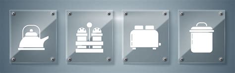 요리 냄비 토스트가 있는 토스터 소금과 후추 손잡이가 있는 주전자를 설정합니다 정사각형 유리 패널 벡터 금속에 대한 스톡 벡터 아트 및 기타 이미지 Istock