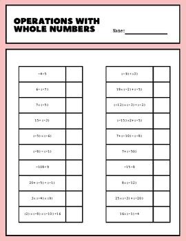 Adding Subtracting Multiplying Dividing Positive And Negative Whole Numbers