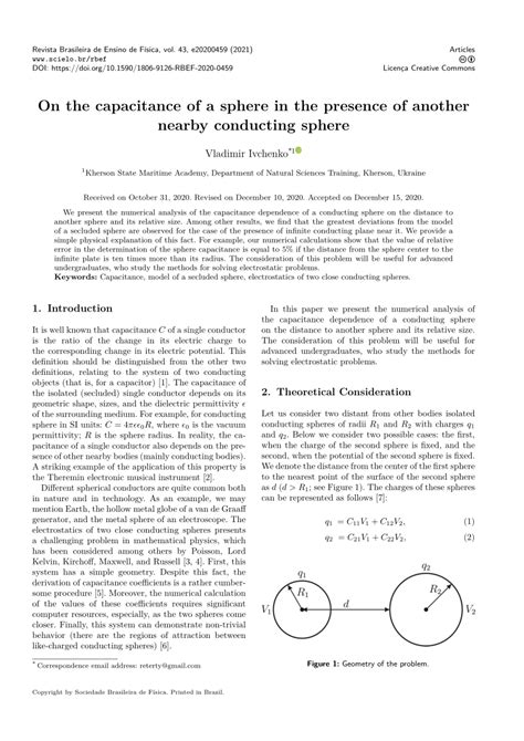 Pdf On The Capacitance Of A Sphere In The Presence Of Another Nearby Conducting Sphere