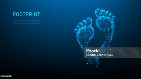 파란색 Drak 배경에 디지털 기술을 발자국 생체 인식 신원 보호 조사 및 추적은 칩 발을 추적합니다 발 낮은 폴리 와이어프레임 벡터 일러스트 레이 션 환상적인 하이테크