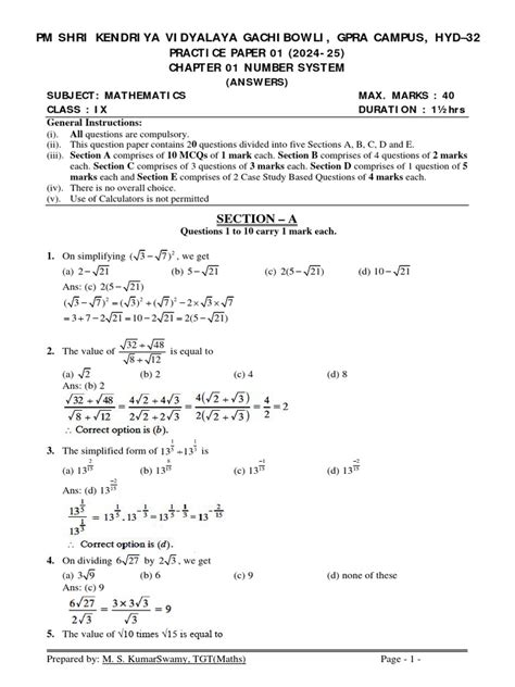 Maths Class Ix Chapter 01 Number System Practice Paper 01 Answers Pdf Numbers Rational Number