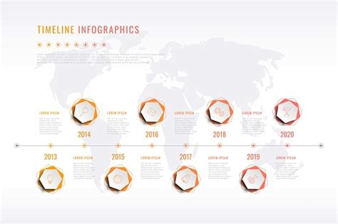 육각 형 요소 연도 표시 및 배경에 세계지도와 현대 기업 역사 시각화 현실적인 3d 비즈니스 데이터 인포 그래픽 벡터 회사