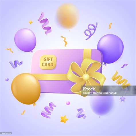 리본 색종이 조각 풍선이 있는 상품권 바우처 생일 휴일 또는 특별 프로모션 쿠폰 판매 배너 및 마케팅을 위한 격리된 축제 보상 카드 3d 벡터 일러스트 레이 션 3차원