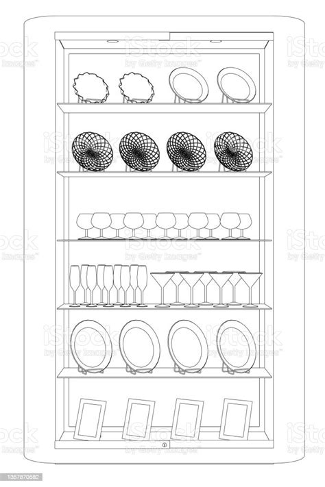 흰색 배경에 고립 된 검은 줄에서 접시와 식료품상점 창의 개요 주방 용품으로 카운터를 쇼핑하십시오 전면 보기입니다 벡터 일러스트레이션 0명에 대한 스톡 벡터 아트 및 기타